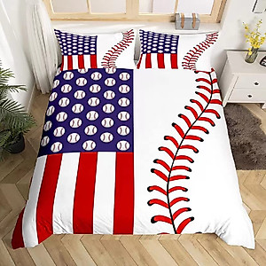 Baseball Duvet Cover Sets Sports Sewing Geometry Bedding Set for Boys Girls Children 3D Ball Pattern Red White Blue Comforter Quilt Cover Sets, Include 1 Duvet Cover and 1 Pillowcases, Twin Size