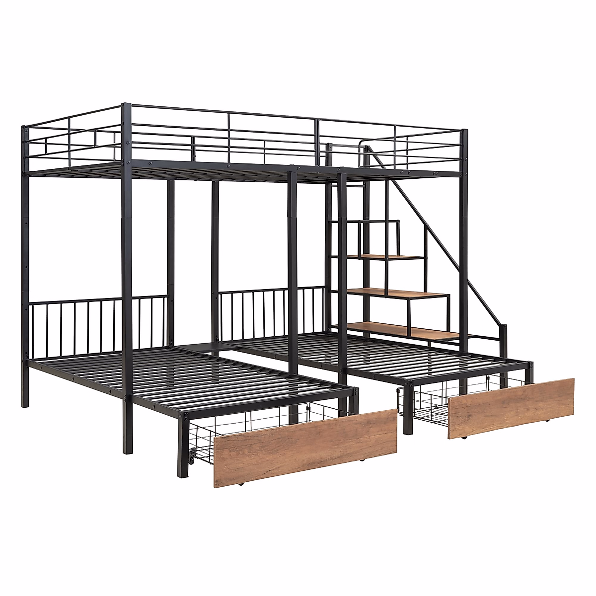 FANYHOME Full Over Twin & Twin Size Metal Bunk Bed with Drawers and Staircase, Divided into 4 Separate Beds, Heavy-Duty Steel Frame Bunk Bed for Kids Teens Adults (Black)