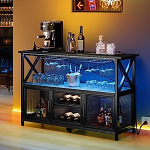 YITAHOME 55" Coffee Bar Cabinet with LED Lights Power Outlets, Industrial Liquor Cabinet Home Wine Bar Table with Wine Rack Storage Sideboard Buffet Cabinet for Living Room Kitchen Dining Room
