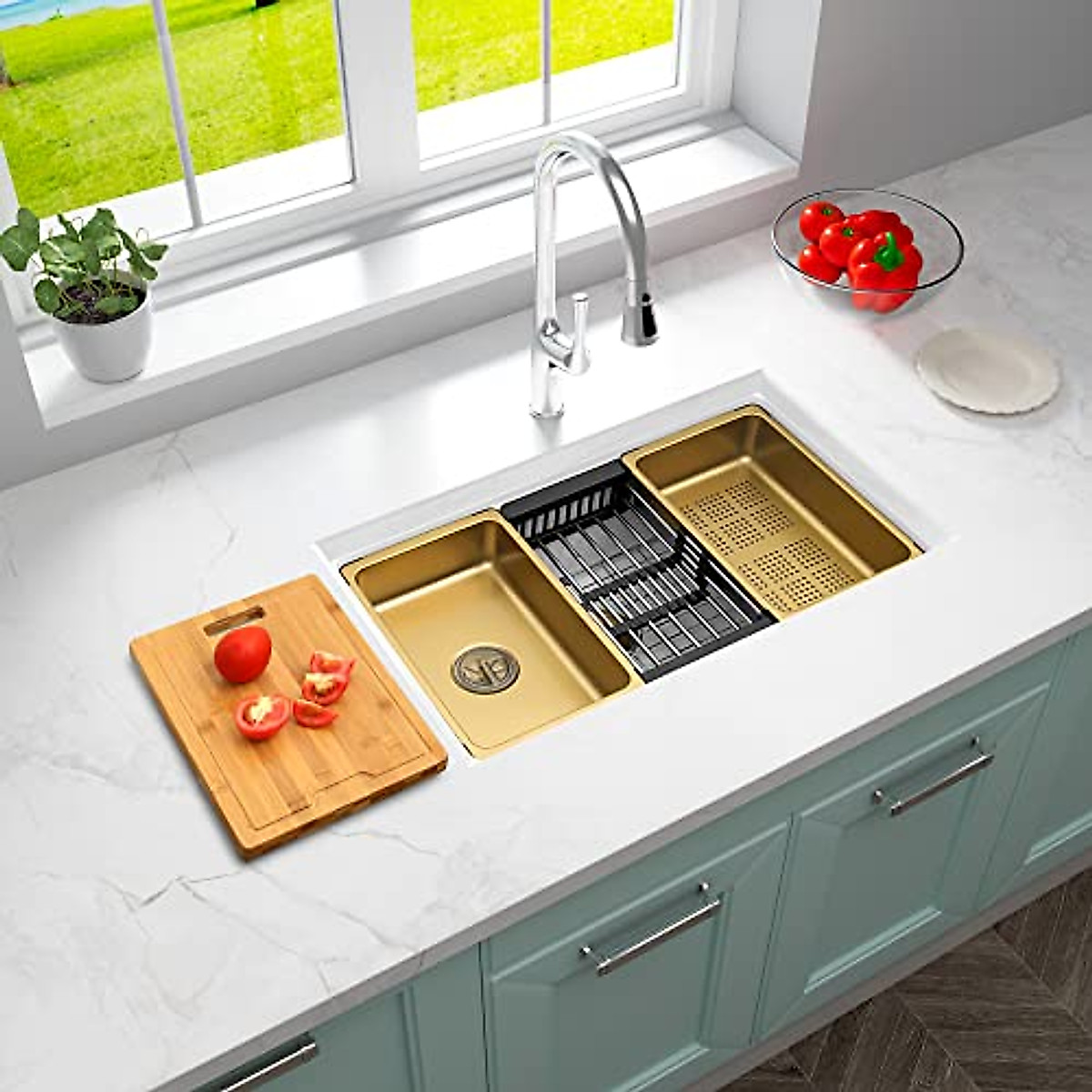 YAQUN Undermount Kitchen Sink, Deep Workstation Stone Kitchen Sink, Single Bowl Kitchen Sinks (White, 30" x 18")