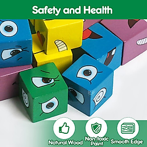 RAEQKS Wooden Expressions Building Block Brain Teasers Puzzle Magic Face Changing Cube Educational Montessori Toys Family Board Games Matching Puzzles Set for Toddlers Kids Aged 3 4 5 6 Years and Up