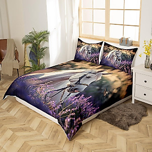 Feelyou Girly Horse Bedding Set King Size, Kids Lavender Floral Flower Comforter Cover Set for Boys Girls, Elegant Galloping Horse Duvet Cover Western Farmhouse Bedspread Cover Quilt Cover