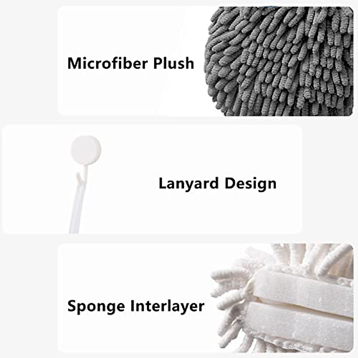 XINOBO 2Pack Chenille Hand Drying Puff Towel Balls, Fuzzy Ball Towel Quick Dry with Hook Hanging, Creative Decorative Bath Towel Set for Bathroom Kitchen - Dry Your Hand Instantly - (Gray & Gray)