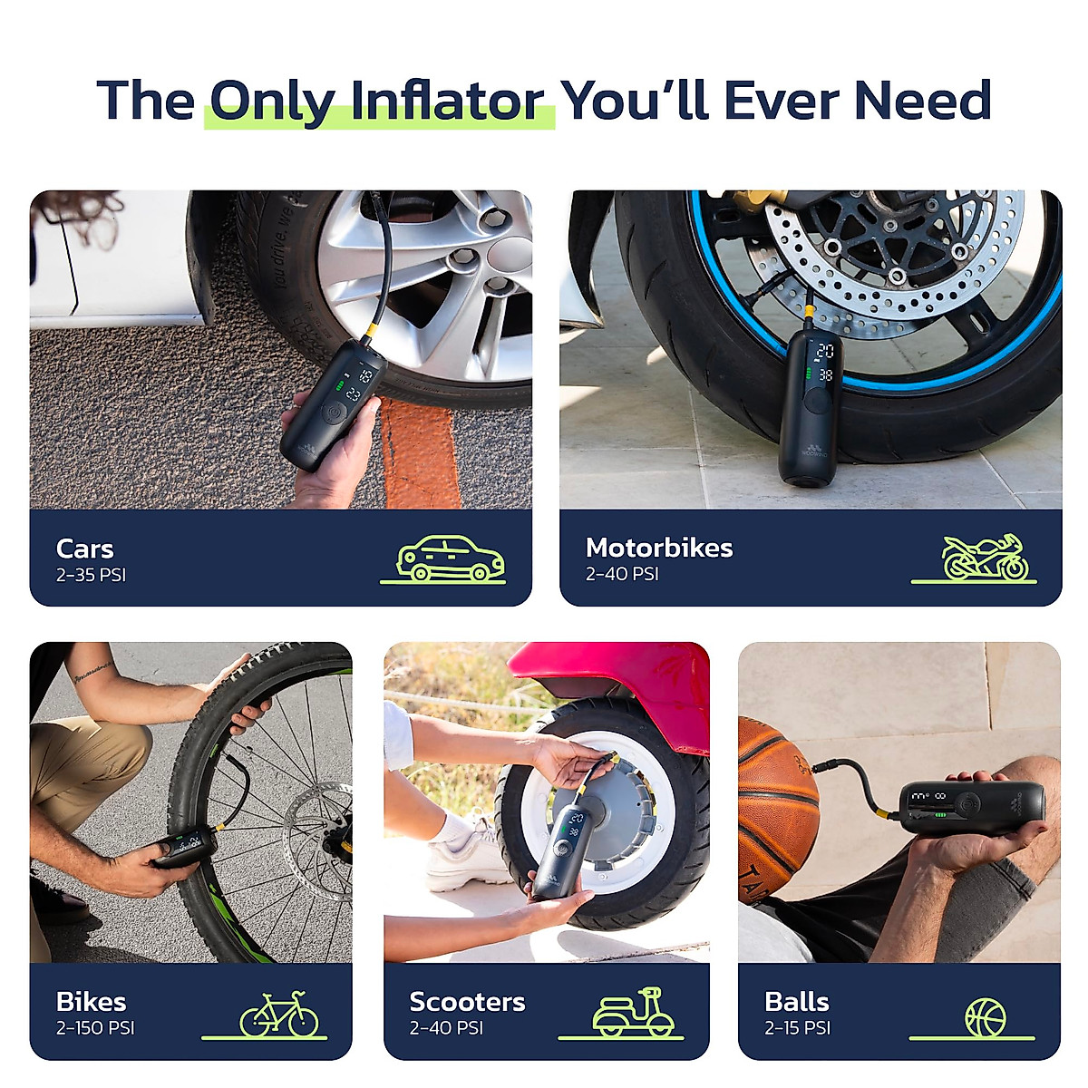 Tire Inflator Portable Air Compressor, Electric Bike Tire Pump with Gauge, Air Pump for Car Tires, 150PSI, Mobile Air Compressor for Car, Motorcycle, Electric Bike, by Woowind