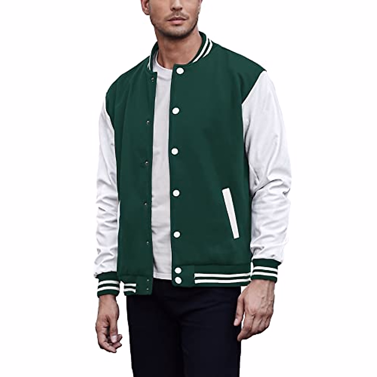 COOFANDY Men's Varsity Jacket Leather Sleeves Letterman Baseball Bomber Jackets Winter Green Medium
