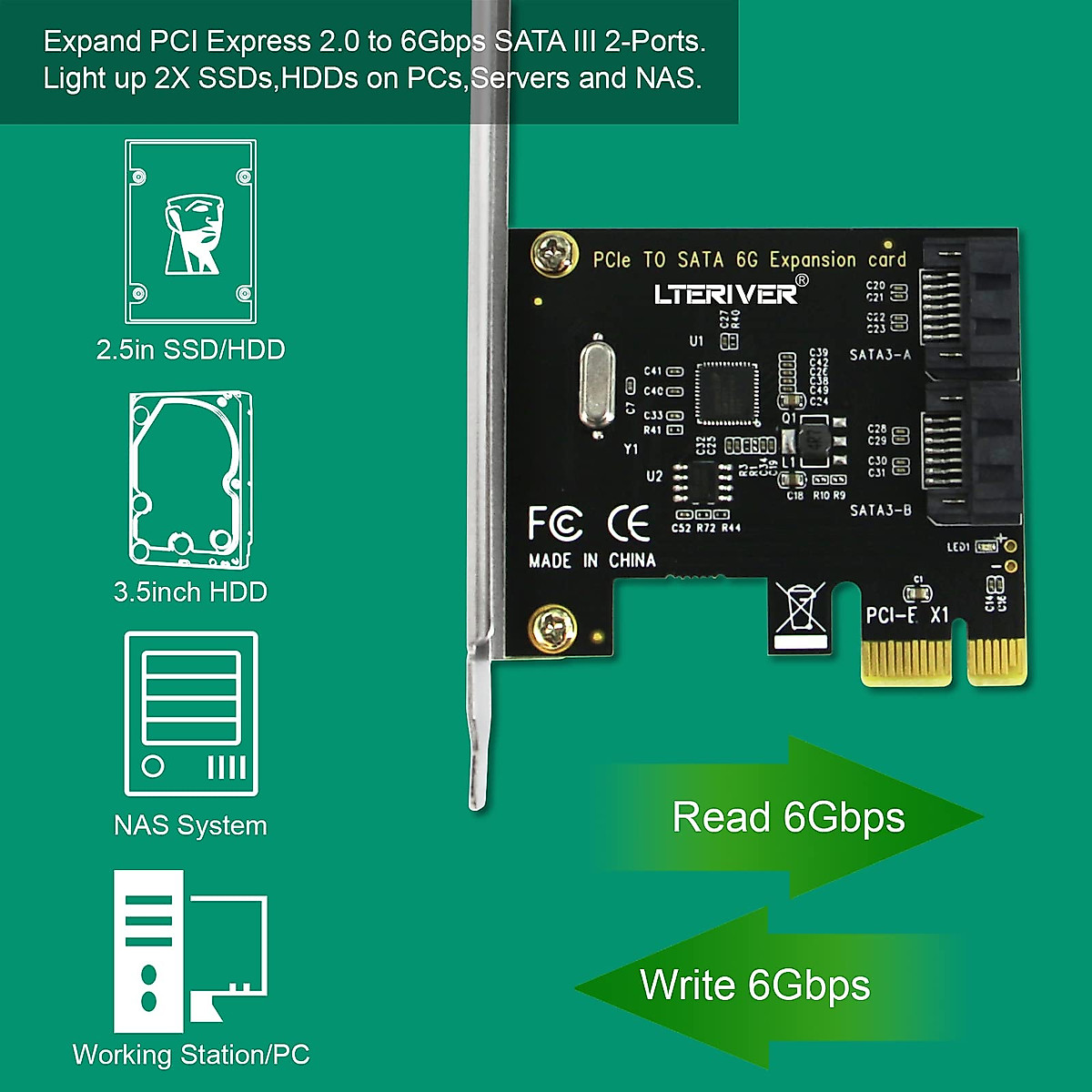 LTERIVER PCIE to 2-Ports Serial ATA/SATA 3.0 Host Controller Card, Plug and Play on Windows OS, MAC OS and Linux Kernel PCs, 2X 6Gbps Max SATA 3.0 None Raid Ports-Support AHCI Boot Up (PCE-G2S2)