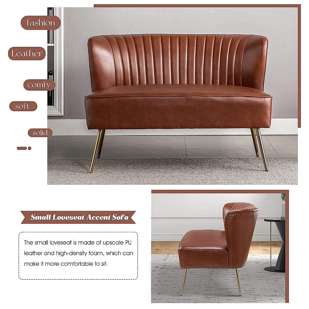 HULALA HOME Contemporary Loveseat Sofa with Metal Legs, Upholstered PU Faux Leather 2-Seat Small Couch, Armless Love Seats Chairs for Bedroom, Living Room, Office, Apartment, Small Space/Black