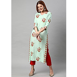 Elina fashion Indian Stitched Kurti for Womens With Pant | Rayon Printed Readymade Kurta Kurtis Light Green
