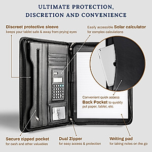 COSSINI Black Superior Vegan Leather Business Portfolio with Zipper – Padfolio All-in-One - Smartest Protective 10.1 Inch Tablet Sleeve, Presentation Slot, Solar Calculator, Card Storage, Writing Pad