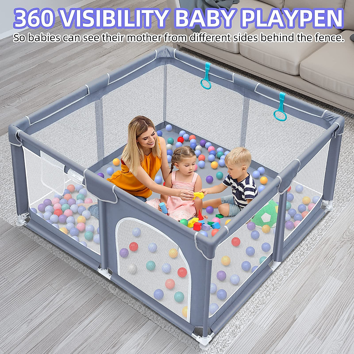 Suposeu Baby Playpen, Baby Playpen for Toddler, Baby Playard Indoor & Outdoor Kids Activity Center with Anti-Slip Base, Safety Play Yard with Soft Breathable Mesh, Kid's Fence, Grey