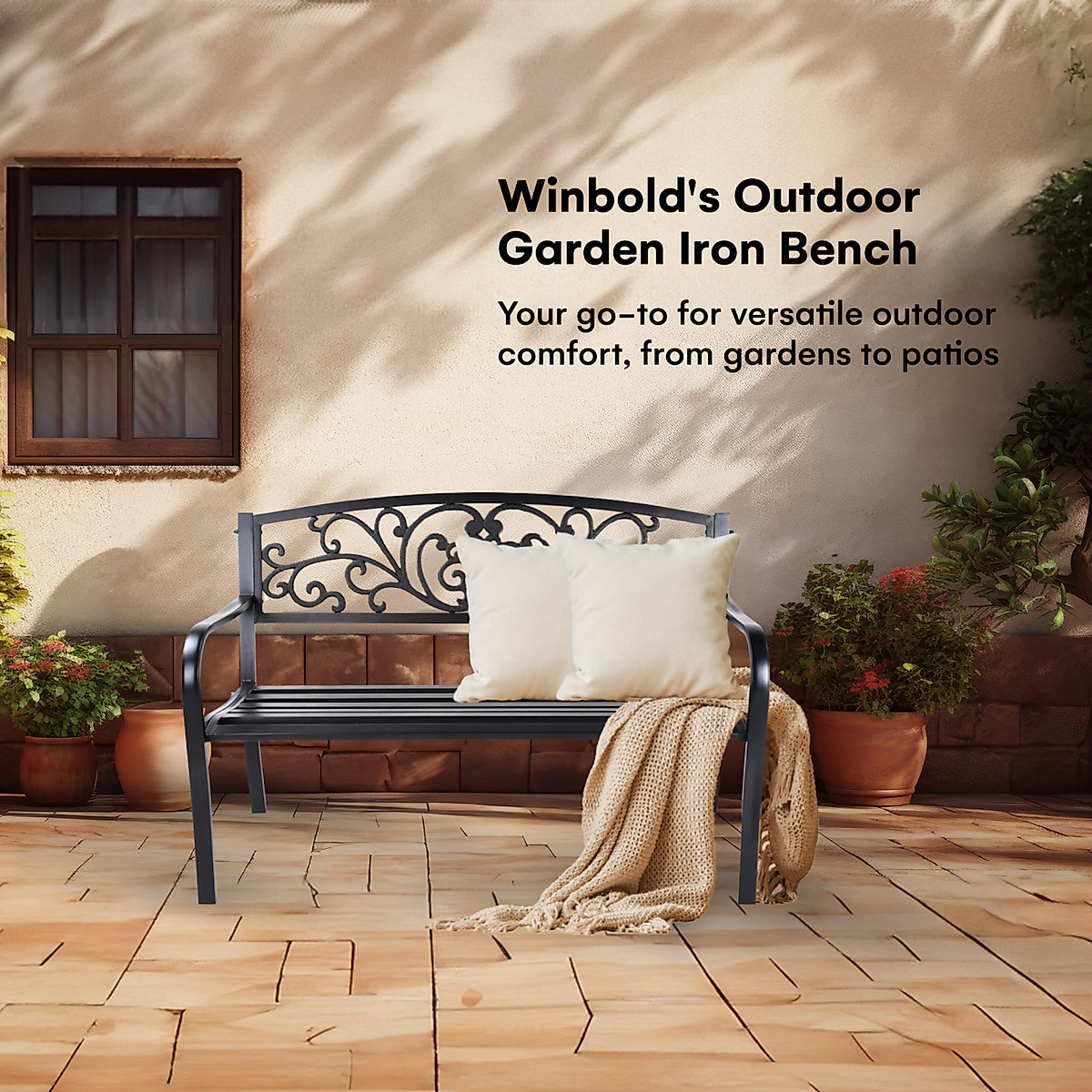 flybold Outdoor Bench Garden Bench with Armrests Steel Metal Bench for Outdoors Lawn Yard Porch - Black Walnut