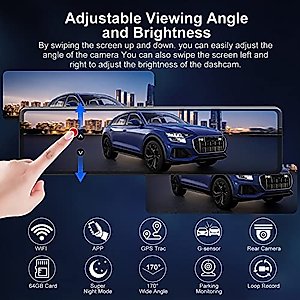 AmazeFan NT880 Mirror Dash cam Front 2K，12'' Touch Screen Dual Dash Camera, Driving Recorder WiFi,170° Wide Angle Night Vision Loop Recording, GPS Tracker, Free 64GB Card, Car Charger