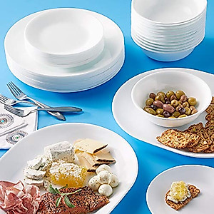 Corelle Vitrelle 38-Piece Service for 12 Dinnerware Set, Triple Layer Glass and Chip Resistant, Lightweight Round Plates and Bowls Set, Winter Frost White