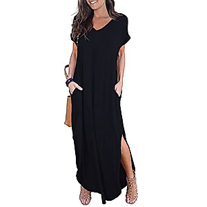GRECERELLE Women's Casual Loose Pocket Long Dress Short Sleeve Split Maxi Dress Black X-Large