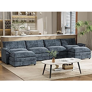YESHOMY Sectional Modular Sofa U Shaped Chenille Fabric Couch with High Supportive & Soft Sponges and Removable Ottoman, Sleeper Comfy Upholstered Furniture for Living Room, Blue