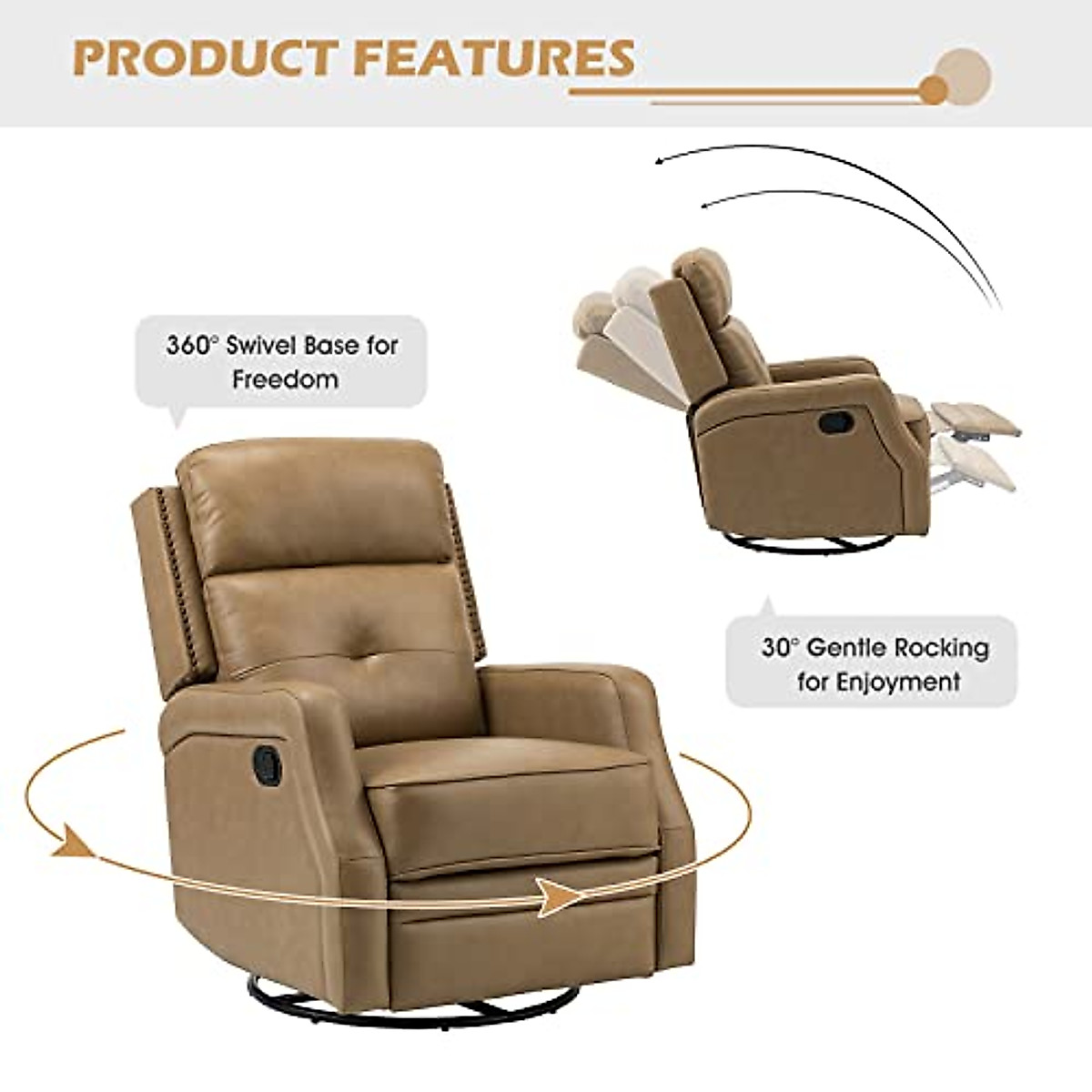 HULALA HOME Genuine Leather Swivel Rocker Recliners Set of 2 with Adjustable Backrest & Footrest, Manual Glider Recliners with 360° Swivel Base, Home Theater Sofa Chairs for Living Room, Taupe