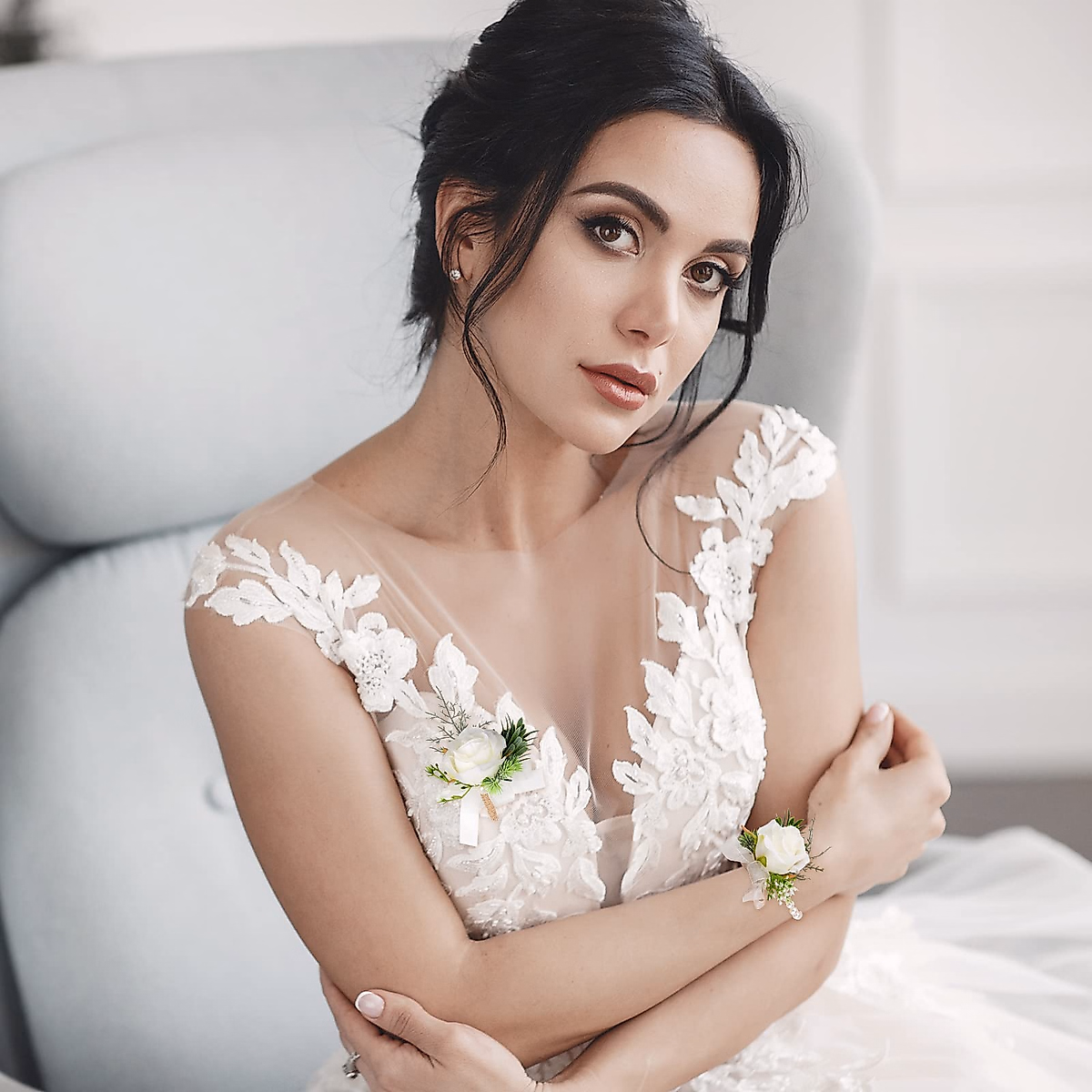 Long tiantian Prom Corsage Wristlet Band Corsage Wristlet and Boutonniere Set pearl Corsage Wristlet for White Wedding Flowers Accessories Prom Suit Decorations