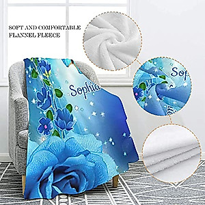 Blue Butterfly Blue Roses Personalized Name Soft Fleece Bed Blankets Throws as Birthday Wedding Gifts for Sofa Couch 50'' x 60''