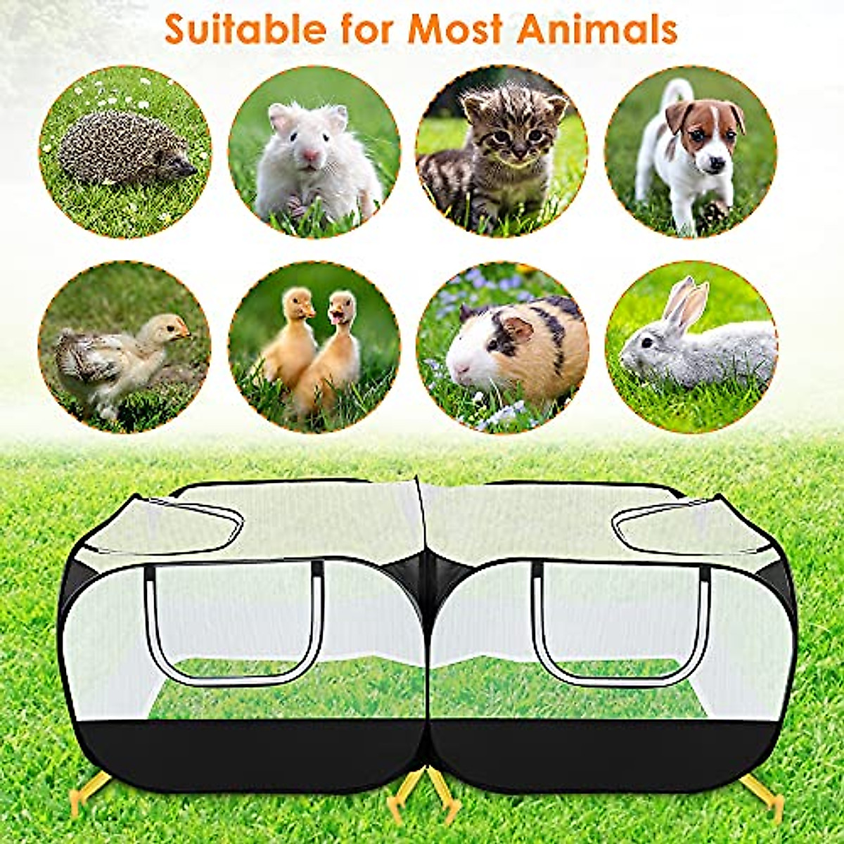 SlowTon Small Animals Playpen, Portable Large Chicken Run Coop with Breathable Transparent Mesh Walls Foldable Pet Cage Tent with 4 Zipper Doors for Puppy Rabbits Outdoor Yard (No Bottom)