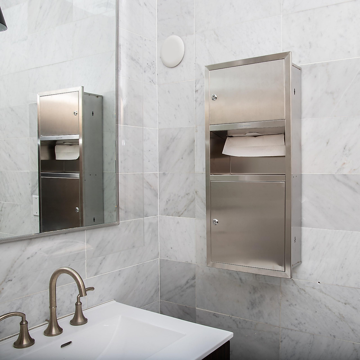 Mind Reader Paper Towel Dispenser and Trash Can, Wall-Mounted, Bathroom, Stainless Steel, 13.5" L x 29.5" H x 5.75" D, Silver