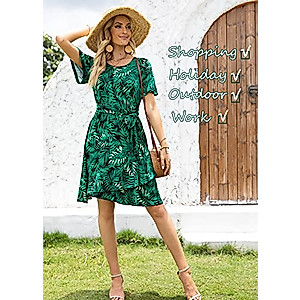 Aodemo Women's Summer Flutter Sleeves Empire Waist T-Shirt Dresses Patchwork Ruffle Hem Swing Tie Waist Dress L, Black/Fl Blue-Green