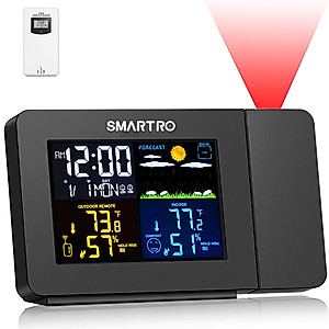 SMARTRO SC91 Projection Alarm Clock for Bedrooms with Weather Station, Wireless Indoor Outdoor Thermometer, Temperature Humidity Monitor Gauge Hygrometer