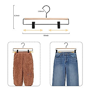 Nature Smile Deluxe Beech Wooden Pants Hangers Bottom Hanger Jeans Hanger Trousers Skirt Hanger with 2-Adjustable Black Matt Clips and Hook 10 Pack (Natural Wood+Black Metal)