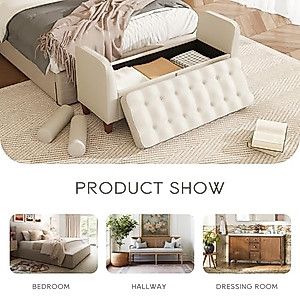COLAMY Tufted Storage Bench for Bedroom End, 48 Inch Modern Upholstered Storage Ottoman with Arms and Bolster Pillows for Bedroom, Living Room, Entryway, Beige