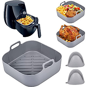 Air Fryer Silicone Pots, Silicone Air Fryer Basket with Heat-proof Gloves, Non Stick Food Safe Air Fryer Oven Accessories, Square Reusable Waterproof Oil-proof Food Grade Easy to Clean
