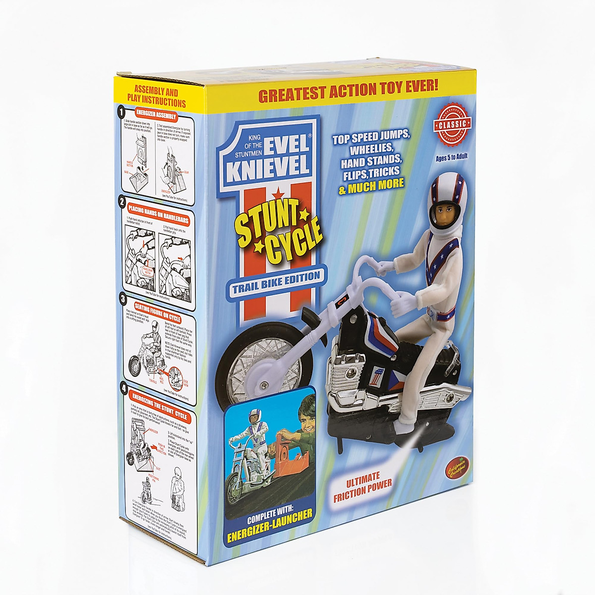 Evel Knievel Stunt Cycle - The Amazing Wind Up and Go Action Toy Launcher for Ultimate Jumps, Crashes, Flips and More - 8 Inch Bike Jumps Anywhere from 3 to 10 Feet - Original 1970's