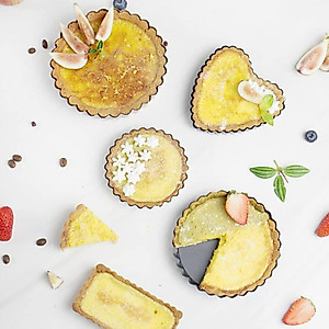 Hoshen 2 Pieces 4.5 Inch Movable Bottom Baking Pan Pizza Pan, Non-Stick Coating Movable Pan Mold, Chrysanthemum Pie Pan, Tart Pan Pizza Pan (Heart-Shaped, Black