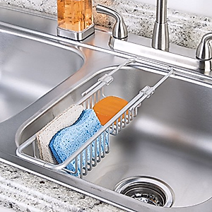 mDesign Modern Adjustable, Expandable Over Sink Sponger Holder Storage Center - Kitchen Organizer Caddy for Scrubbers, Dish Wands, Vegetable Brushes, Soap - Rust Free Aluminum - Silver