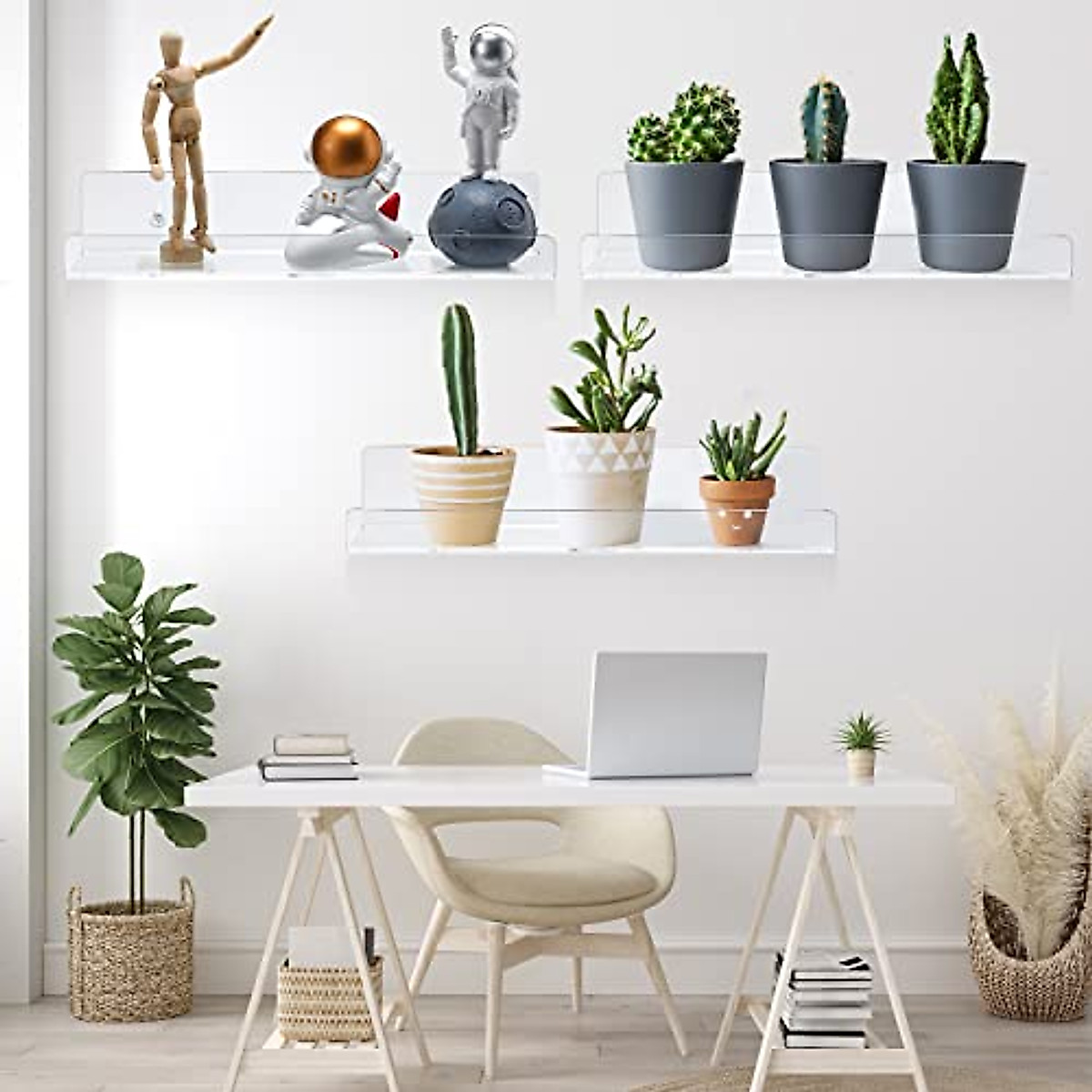 Tuanse 8 Pack Acrylic Floating Shelves 12 Inch Floating Wall Mounted Shelves Clear Invisible Wall Ledge Shelf Acrylic Bookshelf Display Shelves for Room Home Bathroom