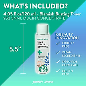 Peach Slices | Snail Rescue Blemish Busting Toner | 95% Snail Mucin | Pore Cleaner | Hydrates & Balances | Korean Skin Care | CICA | Hyaluronic Acid | Non-Comedogenic | Cruelty-Free | 4.05 oz