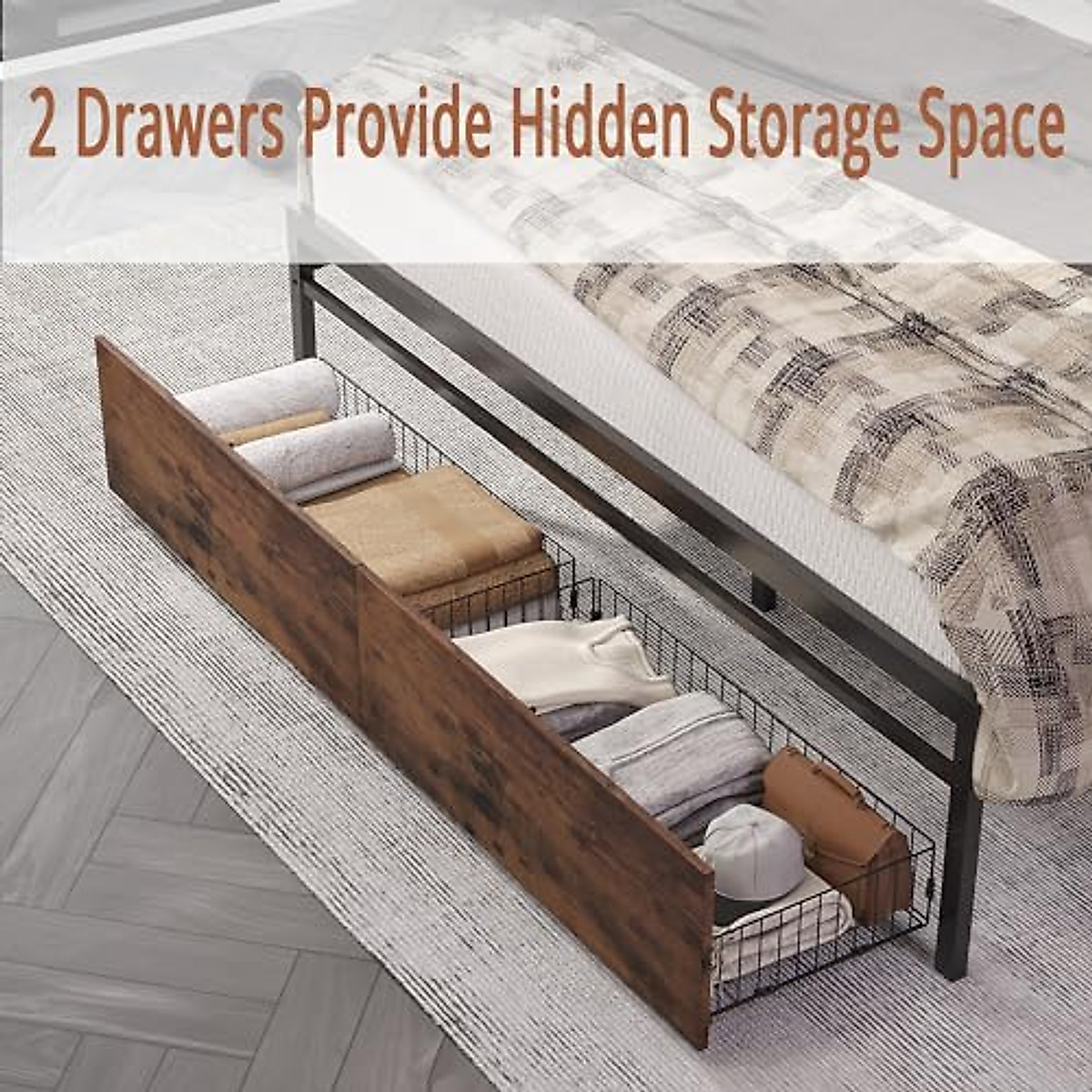 LIKIMIO Queen Bed Frame, with Storage Headboard, Drawers, LED Light, Charging Station, Sturdy, Noiseless, No Need Box Spring, Easy to Assemble