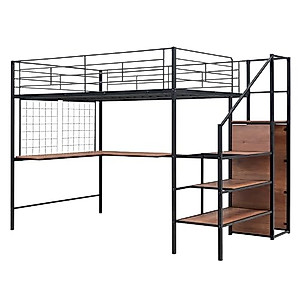 EMKK Full Size Metal Loft Bed with Desk and Metal Grid, Stylish Metal Frame Bed with Lateral Storage Ladder and Wardrobe,Loft Bed for Kids, Teens - Creative Haven for Study and Sleep