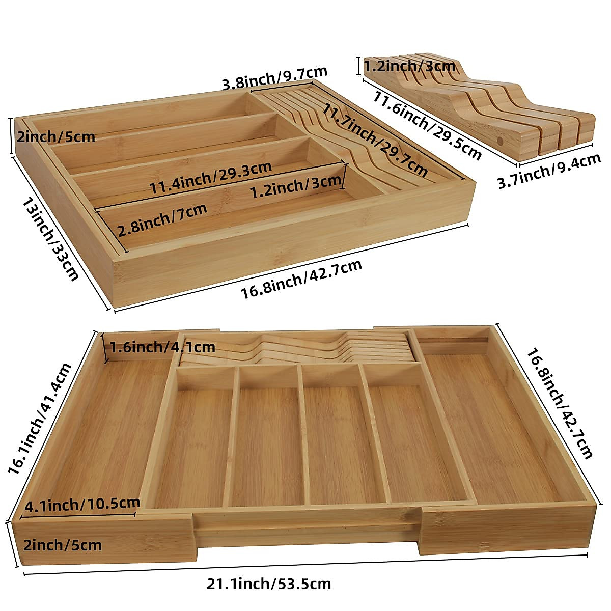 TAOUNOA Bamboo Drawer Organizer - Expandable Utensil Organizer Adjustable Silverware Organizer for Kitchen Drawers, Cutlery Organizer with Removable Knife Block