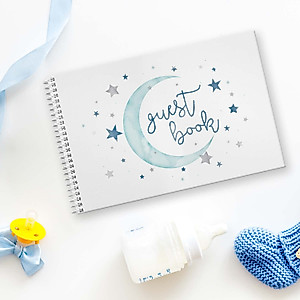 Hardcover Starry Delight Baby Shower Guestbook / 120 Lined Guest Signature Pages Inside / 5.5" x 8.5" Landscape Lay Flat Gender Neutral Guest Book/White Metal Spiral Binding