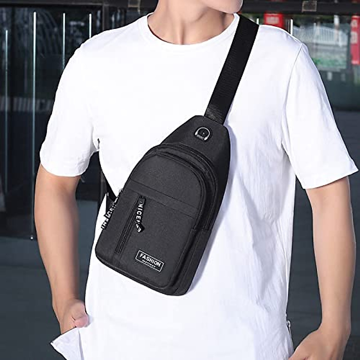 Men's Waterproof Strap Bag Crossbody Backpack with Headphone Hole Hiking Backpack Chest Bag
