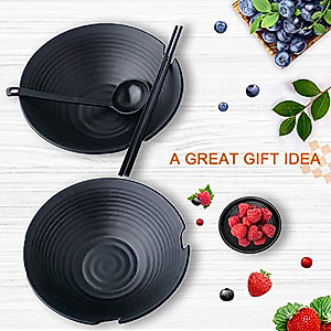 Vivimee Unbreakable Japanese Style Ramen Bowl Set of 2, 37oz Black Large Ramen Bowls and Spoons Set with Chopsticks & Saucers for Pho Thai Miso Udon Soup Noodles or Asian Food, Matte Melamine Bowls