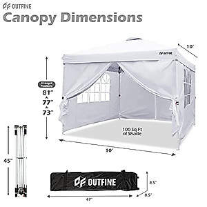OUTFINE Canopy 10'x10' Pop Up Commercial Instant Gazebo Tent, Fully Waterproof, Outdoor Party Canopies with 4 Removable Sidewalls, Stakes x8, Ropes x4 (White, 10*10FT)
