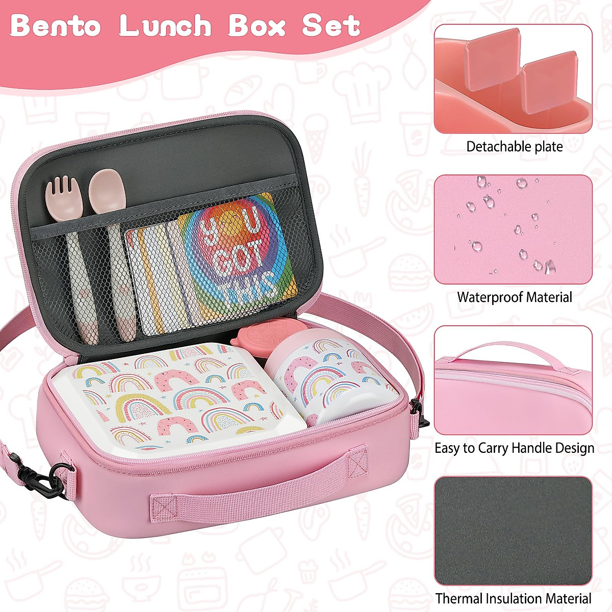 wiwens Bento Lunch Box for Kids with 12oz Soup Thermo Leak-Proof Lunch Food Container with 5 Compartment Thermo Hot Food Jar and Insulated Lunch Bag for Kid Toddler Girls Boys to School
