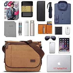 Modoker Messenger Bag for Men, 13 Inches Laptop Satchel Bags, Canvas Shoulder Bag with Bottle Pocket, Brown