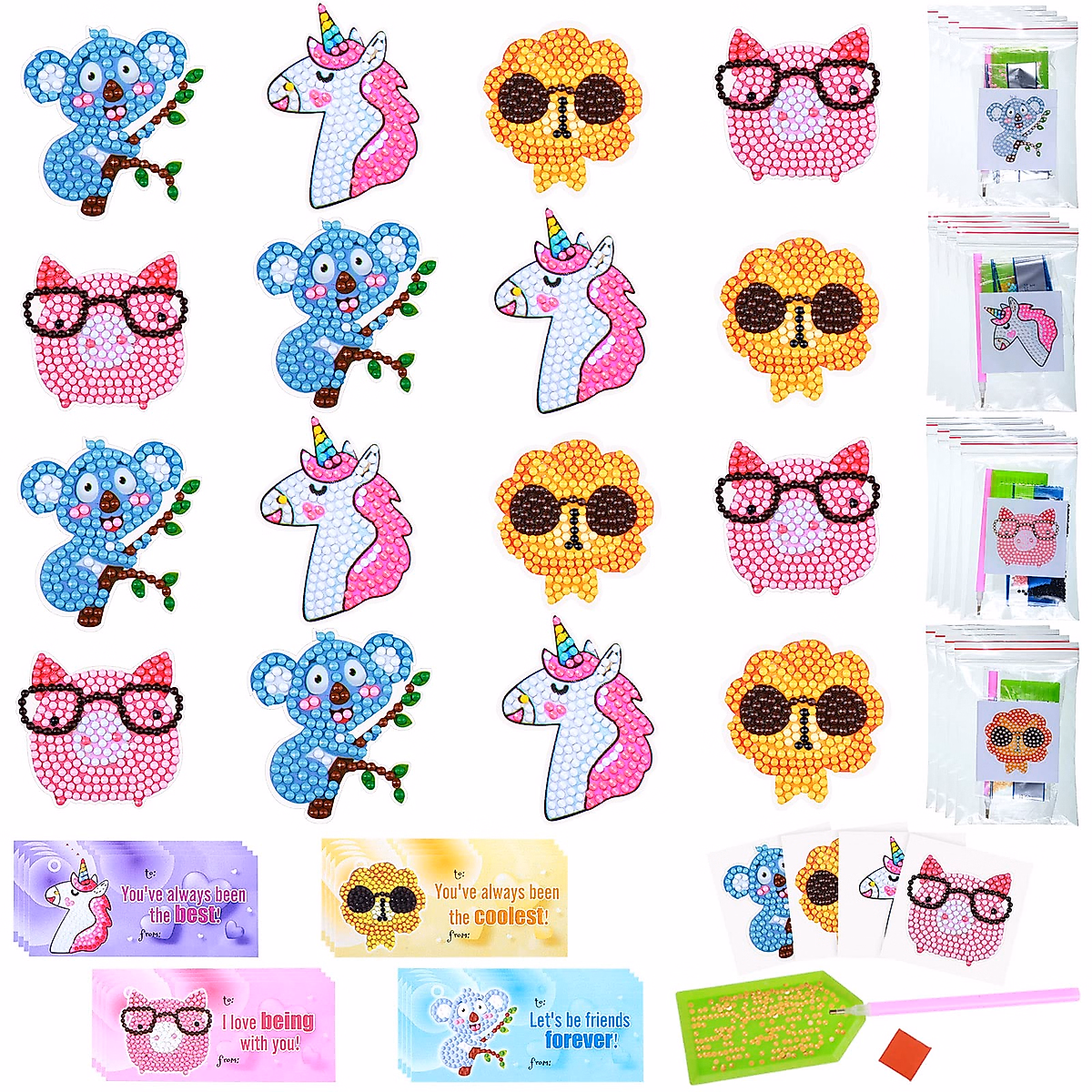 Marspark 16 Pieces Kids Valentine's Day Cards Painting Kits 5D DIY Beginner Animal Painting Stickers for Girls Boys School Classroom Exchange Gifts Craft Activity Party Favors, 4 Styles