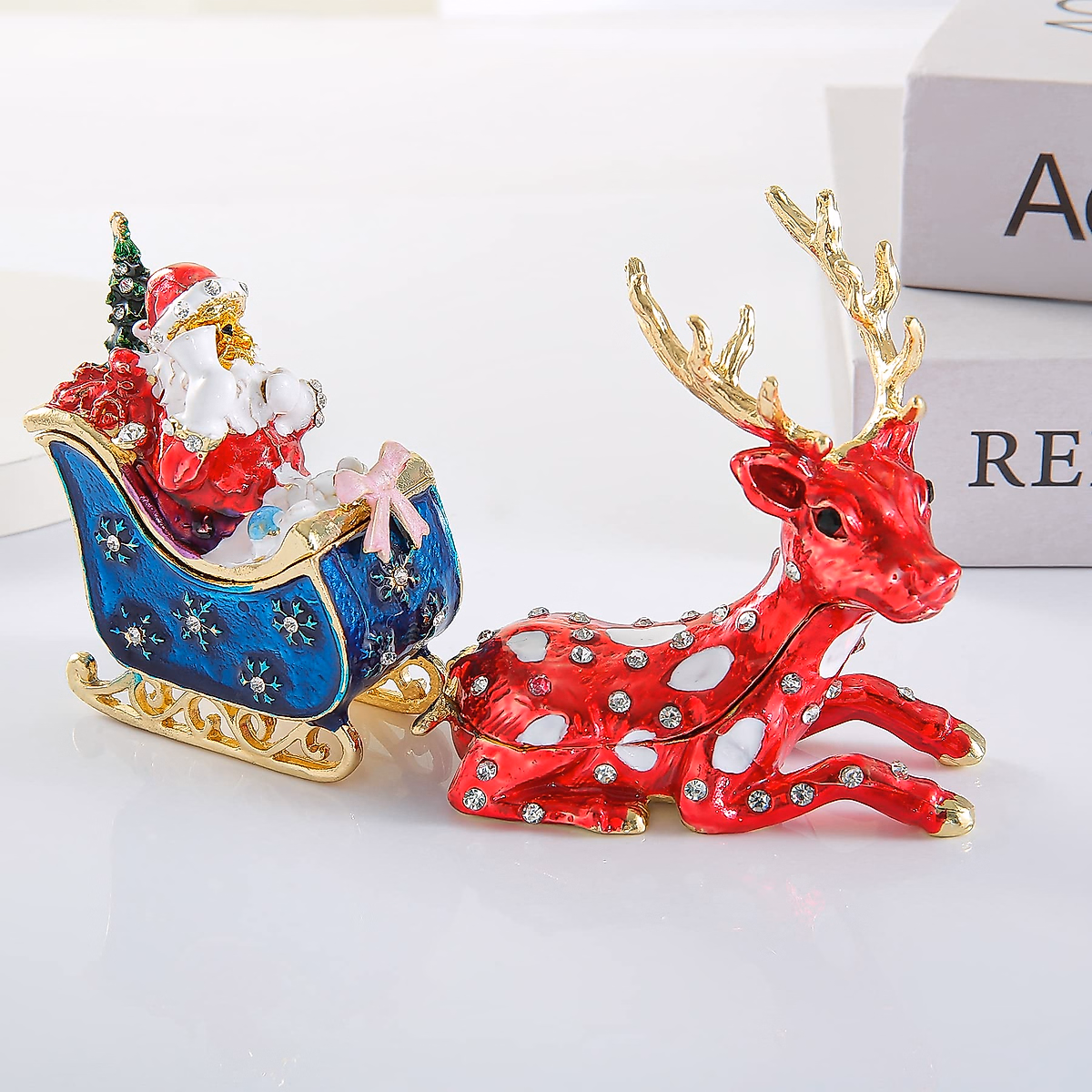 Ingbear Red Sika Deer & Santa Claus Figurine Hinged Trinket Boxes, Unique Gift for Thanksgiving Day & Christmas Day, Hand-Plated Enameled Jewelry Box, Animals Ornaments for Home Décor