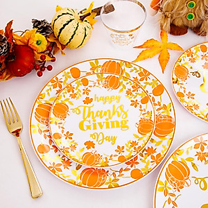 supernal 175pcs Thanksgiving Plastic Dinnerware Set,Gold Plastic Plates with Gold Plastic Silverware,Gold Thanksgiving Plastic Cups,Pumpkin and Maple Leaf Design for Thanksgiving Day Party