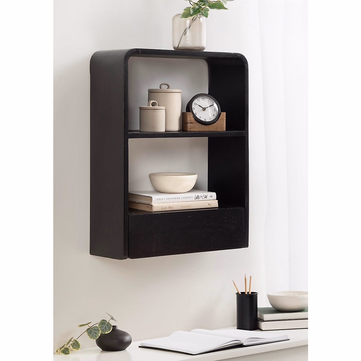 Kate and Laurel Kato Modern Wall Shelf with Drawer, 18 x 24, Black, Decorative Over The Toilet Shelf for Use as Bathroom Storage or Living Room Display Shelf