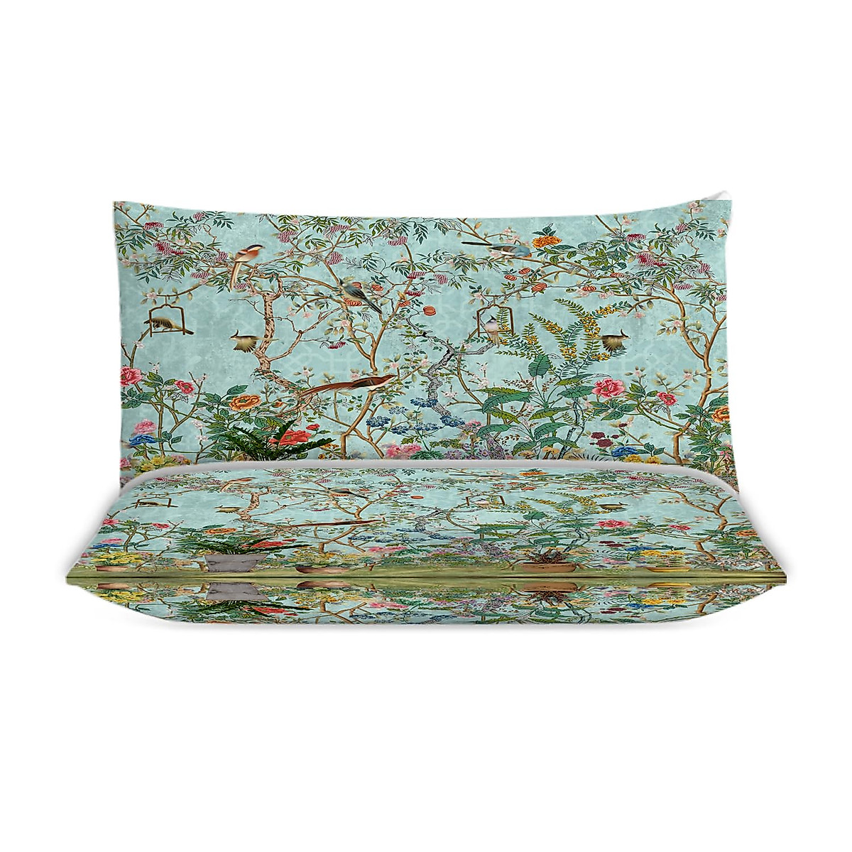 MSSHUKYTT Abstract William Morris Floral Bird Duvet Cover Set 3 Piece Queen Size,Rustic Mid Century Spring Garden Green Leaves Florals Bedding Set 2 Pillow Sham(No Insert)