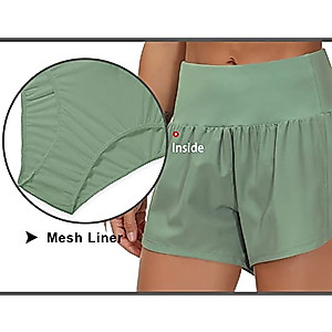 THE GYM PEOPLE Womens High Waisted Running Shorts Quick Dry Athletic Workout Shorts with Mesh Liner Zipper Pockets (Jasmine Green, Small)