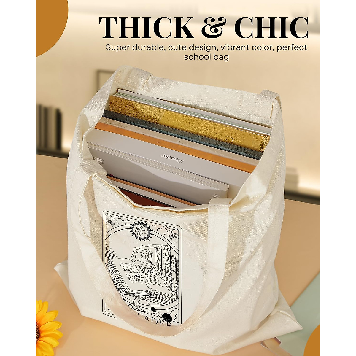 AUSVKAI Canvas Tote Bag Aesthetic for Women, Cute Sun&book Reusable Cotton Bags for Beach Grocery Gifts